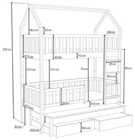 Dětská domečková patrová postel z masivu borovice OTA s přistýlkou a šuplíky - 200x90 cm - BÍLÁ