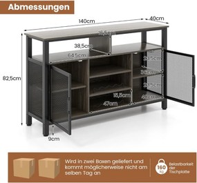 Costway Příborník s 2 dvířky z kovové síťoviny a otevřenými přihrádkami