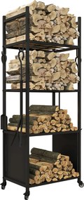 Outsunny Stojan na dřevo 45 x 30 x 118 cm s koly, 4 police, stojan na dřevo pro venkovní i vnitřní použití, do 60 kg, kovový, černý | Aosom