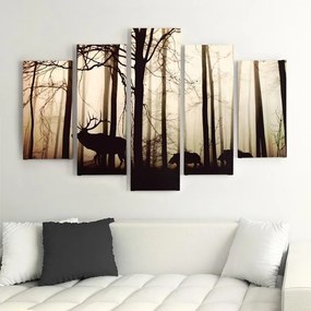 Obraz na plátně pětidílný Jelen v lese Fog Brown - 150x100 cm