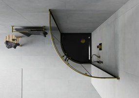 Mexen Rio, čtvrtkruhový sprchový kout s posuvnými dveřmi 90 (dveře) x 90 (dveře) x 190 cm, 5mm šedé sklo, zlatý profil + černá sprchová vanička SLIM, 863-090-090-50-40-4170G