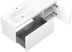 Mexen Rivel, koupelnová skříňka 120 cm s levým umyvadlem Vela, 1S, 1D, drážkovaná, bílá matná, 91A23-12047-3-BBFF01-W23L01