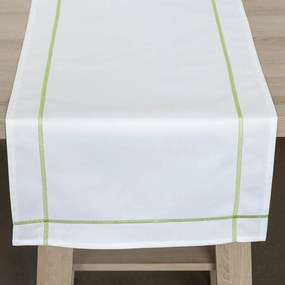 Ubrus Veba GARBO bavlněný satén bílá s ozdobným zeleným šitím s nešpinivou úpravou Velikost: 40x180 cm