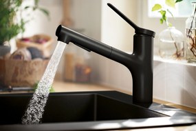 Hansgrohe Zesis M33, páková kuchyňská baterie 150, vytahovací sprška, 2jet, černá matná, HAN-74820670