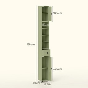 kleankin Úzká koupelnová skříňka se zásuvkou a 4 otevřenými přihrádkami pro malé prostory 20 x 180 cm, zelená