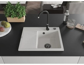Mexen Ben, 1-komorový granitový dřez 600x500x190 mm, pravý + černý sifon, bílá, 6523605000-20-B