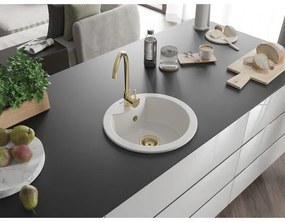 Mexen Diego, granitový dřez 488x488x167 mm, 1-komorový, bílá se zlatým sifonem, 6512481000-20-G