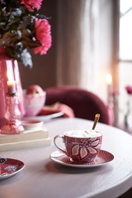 Pip Studio Flower Festival sada 2 cappuccino šálků s podšálky, tmavě růžová (sada cappuccino hrnečků v dárkové krabičce)
