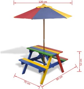 vidaXL Marketos Dětský piknikový stůl, lavičky a slunečník vícebarevný dřevo