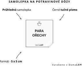 PARA OŘECHY - omyvatelná samolepka na dózu, výběr rozměrů Ø 5 cm / 5 x 5 cm / 6 x 8 cm | DomaLEP tvar: ČTVEREC, barva: PRŮHLEDNÁ - ČERNÉ písmo, velikost: š. 5 cm x v. 5 cm - tučné písmo