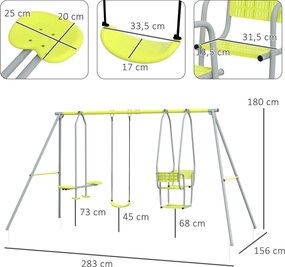 Outsunny 3-v-1 Dětské houpačky s 1 standardní sedačkou a 3 houpačkami, kovový rám, maximální zatížení 225 kg, venkovní herní plocha, zelená