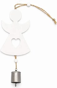 Vánoční dřevěná ozdoba na stromeček anděl 12 × 8 cm se zvonkem 3 cm, závěsná, bílá