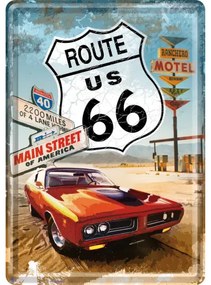 Postershop Plechová pohlednice - Route 66 (Red car)