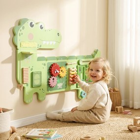 AIYAPLAY Montessori motorická deska dřevěné Busy Board dinosaurus, nástěnně montovaná s xylofonem, hodinami a ozubenými koly, zvukové tyče