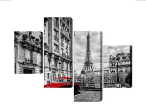 Vícedílný obraz Červené Auto V Retro Stylu Na Pozadí Eiffelovy Věže Nedostatek Nedostatek Přírodní plátno 160x100