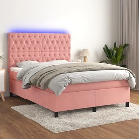 Box spring postel s matrací a LED růžová 140x200 cm samet