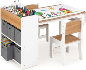 Costway Dětský dřevěný stůl Dětská sedací souprava s 2 židlí 4 přihrádkami 6