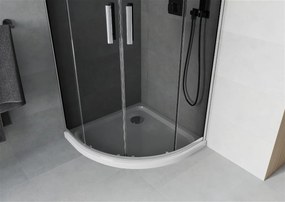 Mexen Rio, čtvrtkruhový sprchový kout s posuvnými dveřmi 70 x 70 cm, 5mm šedé sklo, chromový profil + bílá sprchová vanička, 863-070-070-01-40-4110