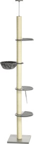 PawHut Kočičí stromeček, stromeček pro škrábání od podlahy ke stropu, 230-250 cm, horolezecký stromeček s houpací sítí, výškově nastavitelný, hrací st
