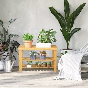 HOMCOM Lavice na boty Šatní lavice z bambusu se 3 policemi na 6 párů bot, botník 70 x 28 x 45 cm, přírodní řešení úložného prostoru