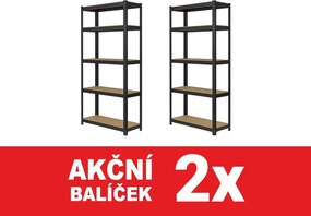 Akce 2x Regál 200x100x50 cm lakovaný 5-policový, nosnost 875 kg - černý