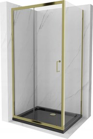 Mexen Apia sprchový kout s posuvnými dveřmi 100 (dveře) x 90 (stěna) cm, 5mm čiré sklo, zlatý profil + černá sprchová vanička SLIM, 840-100-090-50-00-4070G