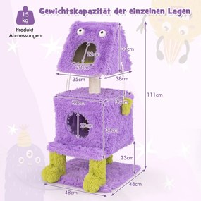 Costway Škrabadlo Malé 111 cm Kočičí strom s motivem Monster se 2 jeskyněmi
