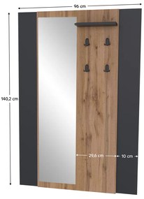 Kondela Věšákový panel se zrcadlem, dub wotan/černá, AMONI