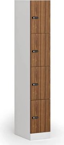 Šatní skříňka S1 s úložnými boxy, 4 boxy, 1850 x 300 x 500 mm, mechanický kódový zámek, laminované dveře, ořech