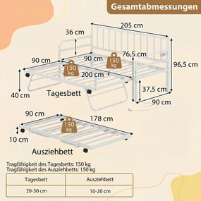 Costway Jednorozměrná válenda s LED světly a nabíjecí stanicí Rám rozkládací