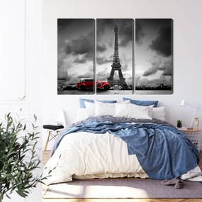 Vícedílný obraz Černobílý Pohled Na Eiffelovu Věž A Retro Auto Nedostatek Nedostatek Plátno Canvas 120x80