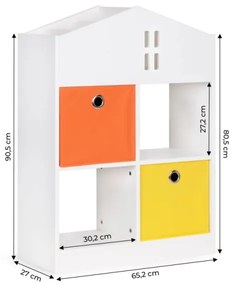 Dřevěná knihovna/skříň na hračky Eco Toys Domeček - bílá/oranžová/žlutá