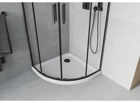 Mexen Rio, čtvrtkruhový sprchový kout s posuvnými dveřmi 90 x 90 cm, 5mm čiré sklo, černý profil + bílá sprchová vanička, 863-090-090-70-00-4110B