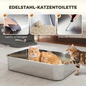 PawHut XXL nerezová krytá toaleta pro velké kočky — sklápěcí kryt, vysoké boky, vrchní vstup, lopatka, odolná vůči zápachu, snadné čištění, černá