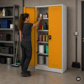 Skříň na chemikálie s ventilací a odkapávacími vaničkami, šedo-žlutá, 900x1850x400 mm: MARIA