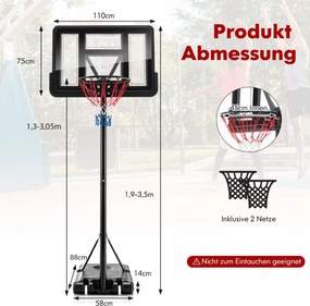 Costway 130 cm - 305 cm výškově nastavitelný basketbalový koš se stojanem a 2