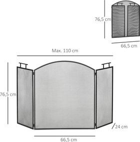 HOMCOM Ochranná obrazovka krbu s kovovou sítí, skládací design ve třech dílech, černá, 110 x 24 x 76,5 cm