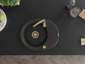 Mexen Kevin, granitový dřez 586x458x190 mm, 1-komorový, černá-zlatá metalíza se zlatým sifonem, 6517581005-75-G