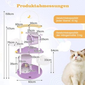 Costway Škrabadlo 158 cm kočičí strom se závěsnou hračkou v tunelu pro kočky