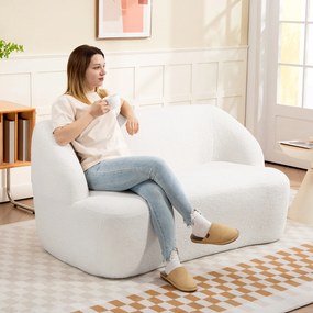 HOMCOM Dvoumístná pohovka, zakřivený design, čalouněná pohovka s fleecovým potahem, pro obývací pokoj, ložnici, domáci kancelář, krémově bílá