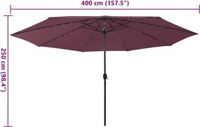 Zahradní slunečník s LED osvětlením 400 cm bordó 312534