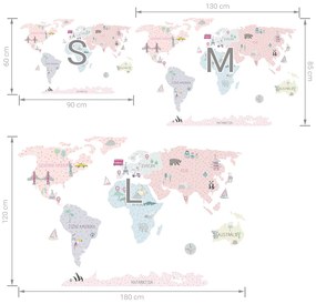 Dětské nástěnné samolepky MAPA SVĚTA růžové Zvolte rozměr: L, Zvolte jazyk: Slovenský