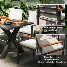 Outsunny 7dílná jídelní souprava pro zahradní patio - 1 stůl + 6 židlí s polštáři, weatherproof hliníkový rám, černá + šedá