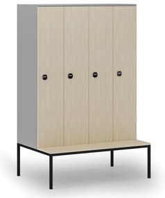 Dřevěná šatní skříňka S4 s lavičkou, 4 oddíly, 1871 x 1200 x 500/800 mm, demont, RFID zámek, šedá/bříza