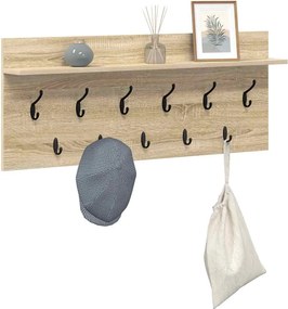 věšák, nástěnný, 1 prkno, háčky, kompozitní dřevo, 40x100x12 cm, dub sonoma, Dekorino TK20260019