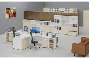 Kombinovaná kancelářská skříň PRIMO WHITE, zasouvací dveře na 2 patra, 2128 x 800 x 420 mm, bílá/bříza