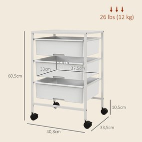 HOMCOM Kolečkový Úložný Vozík 3-Tier Kuchyňský Vozík se 3 Košíky pro Skladování a Ocelovým Rámem do Jídelny a Koupelny 40,8x33,5x60,5 cm Bílý