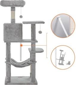 Škrabadlo pro kočky s domečkem a hamakou, světle šedé, 143cm
