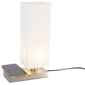 Ocelová stolní lampa s bílým stínidlem s dotykovou a indukční nabíječkou - Romina
