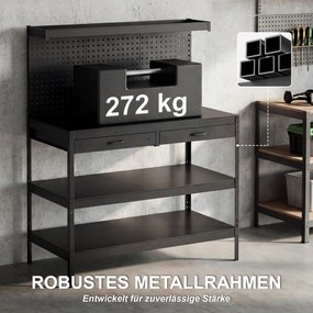 HOMCOM Pracovní stůl s nastavitelnými policemi, robustní pracovní stůl s perforovaným panelem a 2 zásuvkami, 122 x 61 x 156 cm, černý